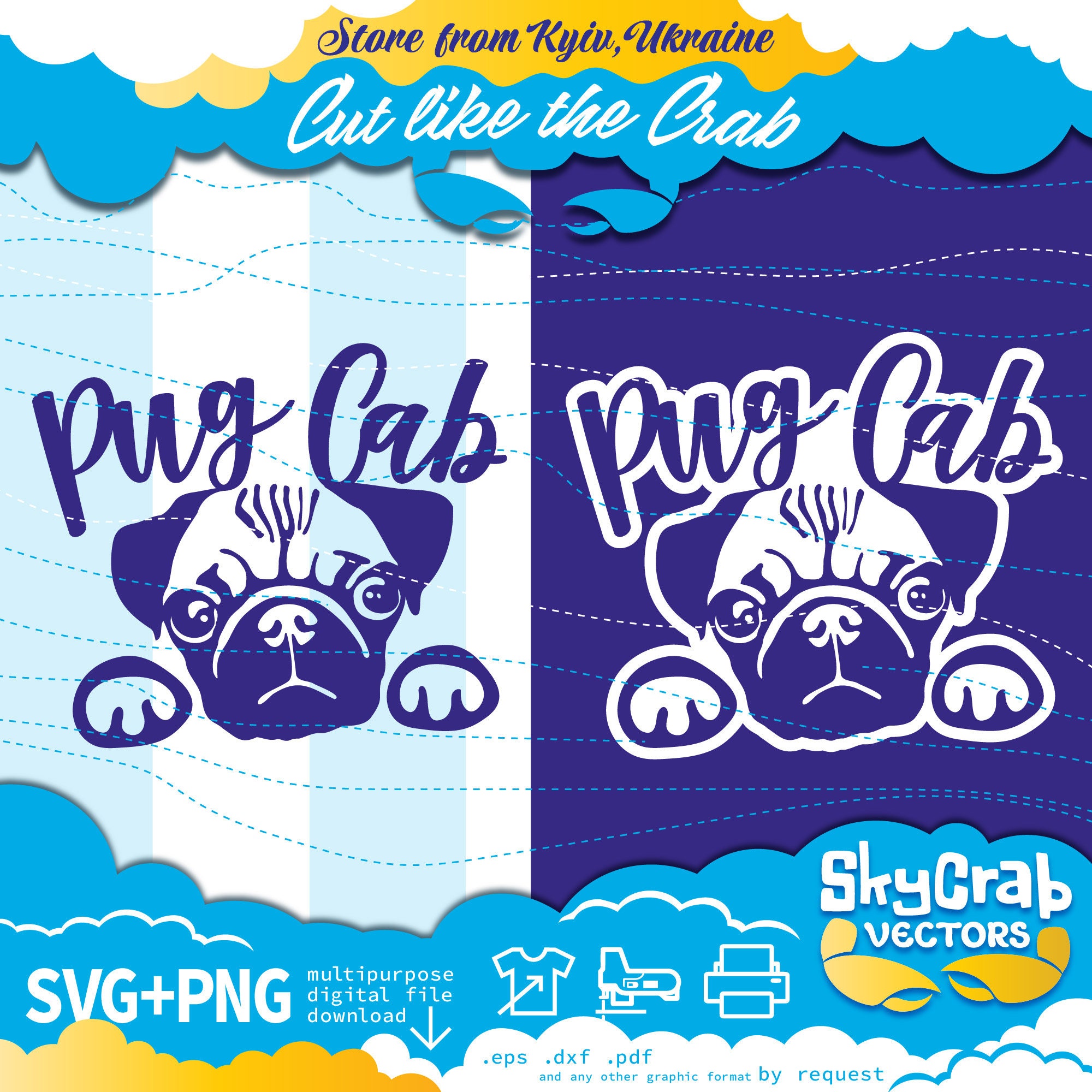 Pug Cab Calligraphy Quote SVG, PNG, Solid Shape Dog Portrait Digital ...