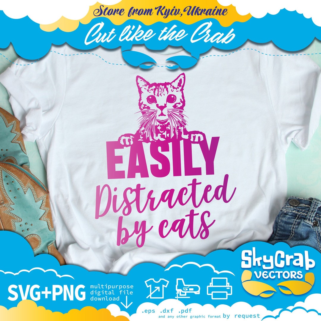 Easily Distracted by Cats SVG, PNG, One Colour Shape Cat Portrait ...