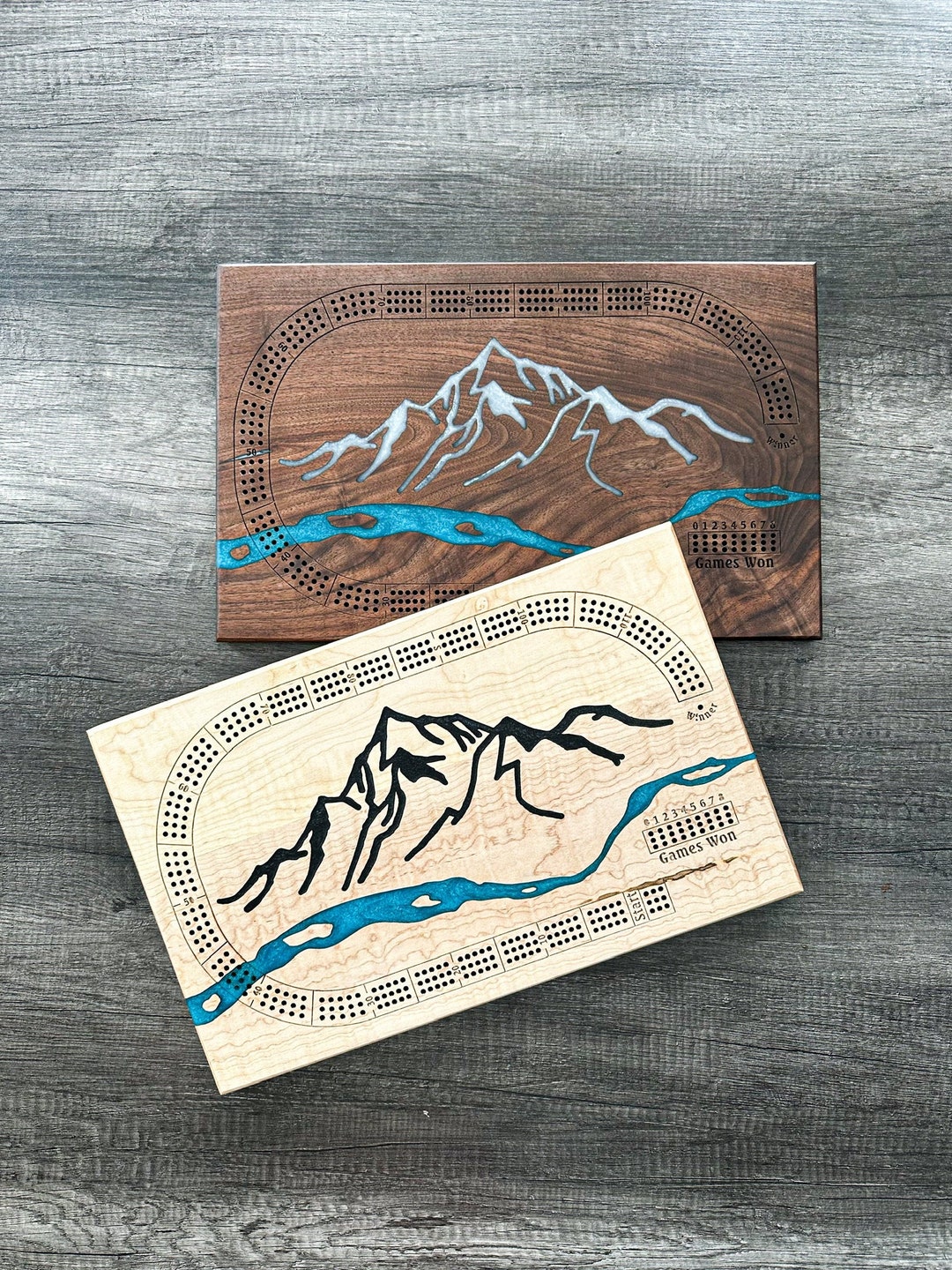 Cribbage Boards | Walnut Maple Epoxy Resin Mountain River Crib Boards ...