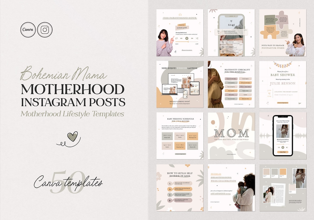 Motherhood Instagram Templates Canva | Bohemian Parenting Templates ...