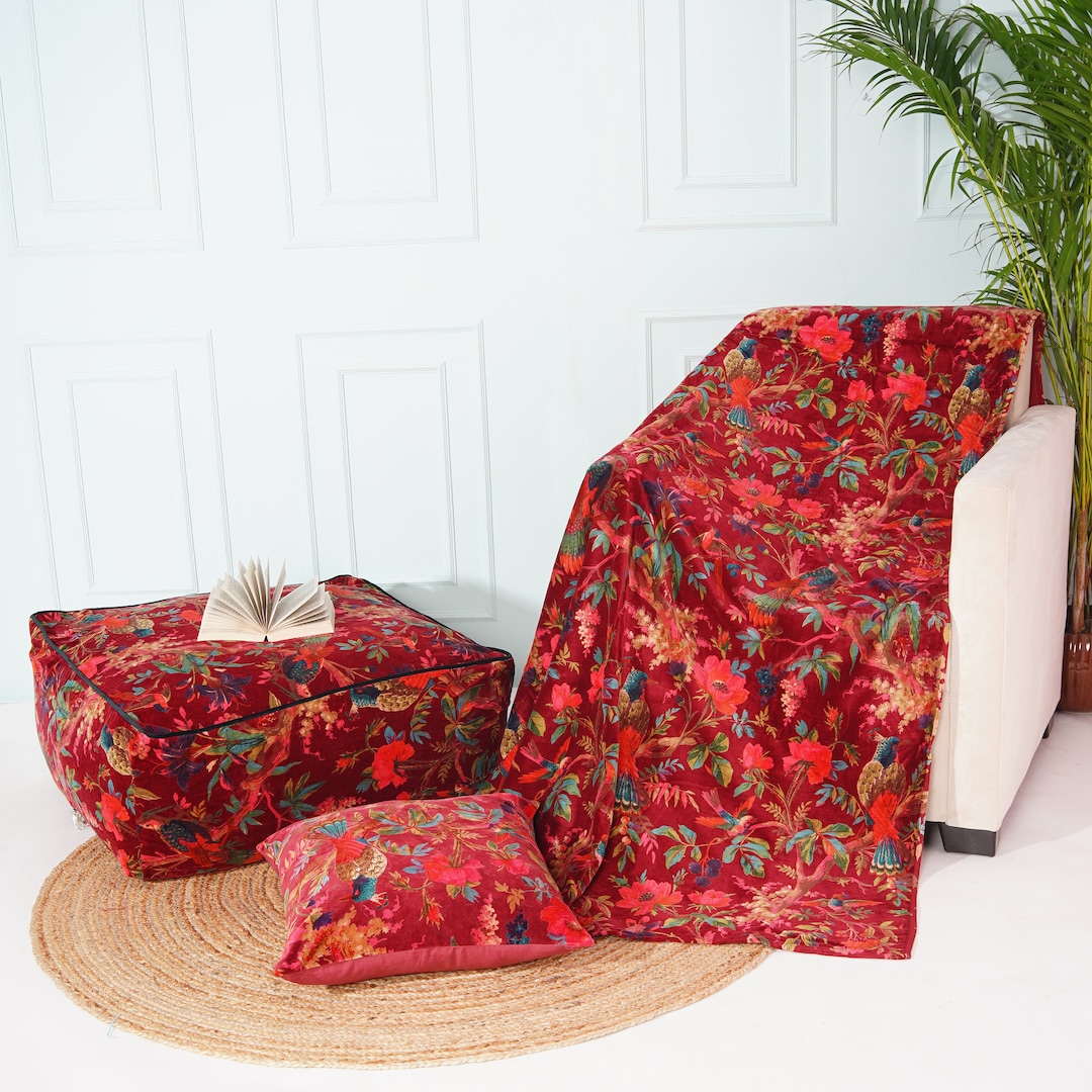 Cotton Velvet Floral Sofa Throw- Throw Only - Etsy