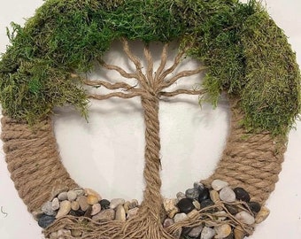 Tree of Life Wreath With Green Snail & Yellow Birdbath, Jute Rope Moss ...