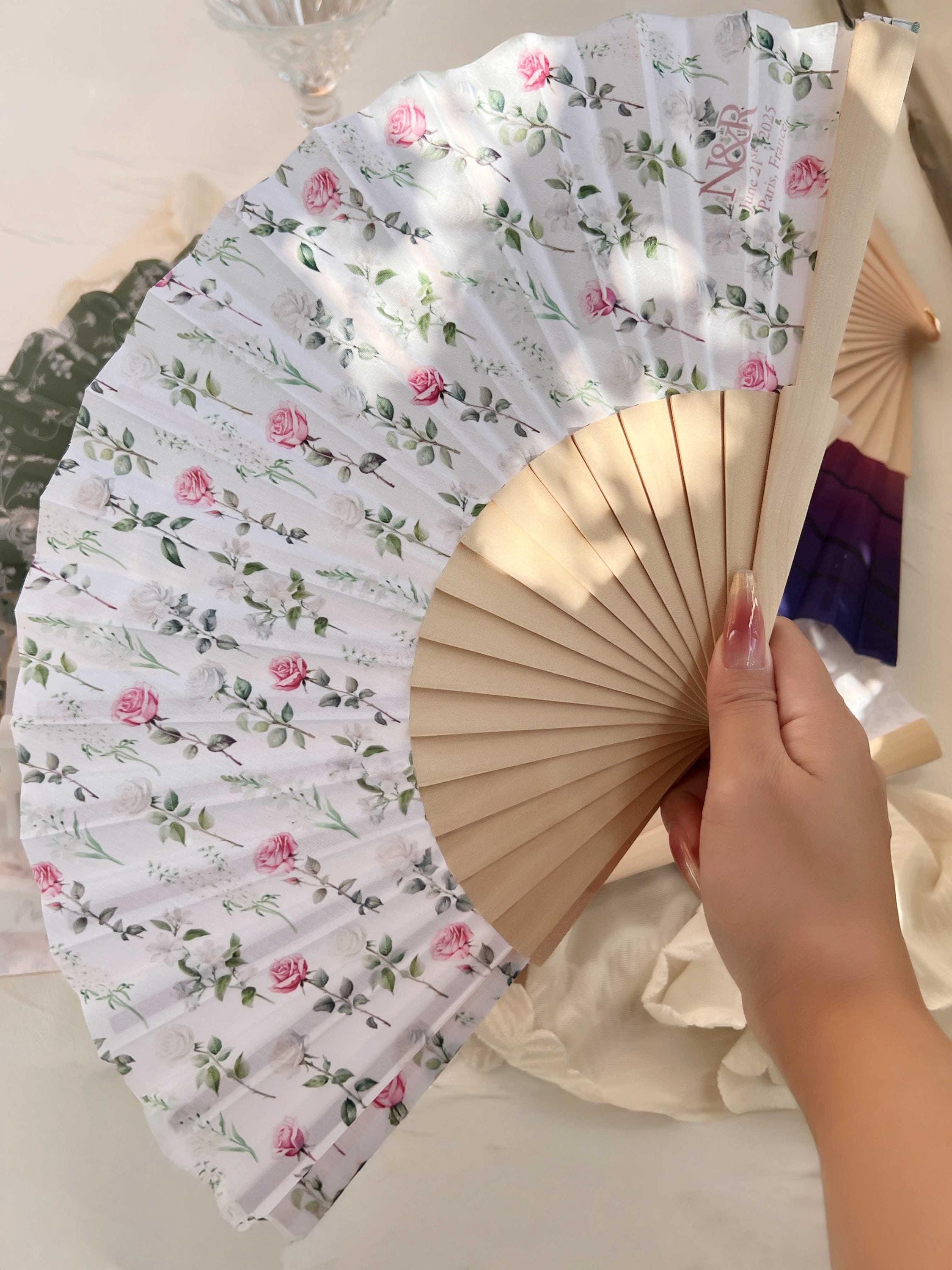 Personalized Wedding Hand Fans Custom Wooden Fabric Folding Handheld ...