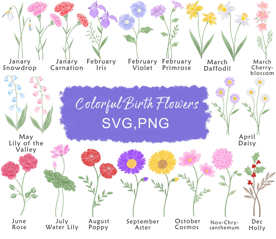 Birth Flower SVG Watercolour Birth Month Flowers Art Print PNG Painting ...