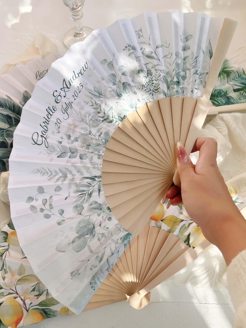 Personalized Wedding Fans Custom Folding Hand Fans Sage Green Floral ...