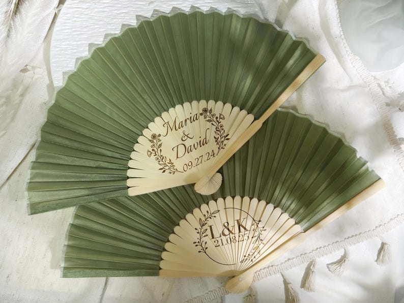 Personalized Wedding Sage Green Hand Fan Custom Engraved Folding White ...