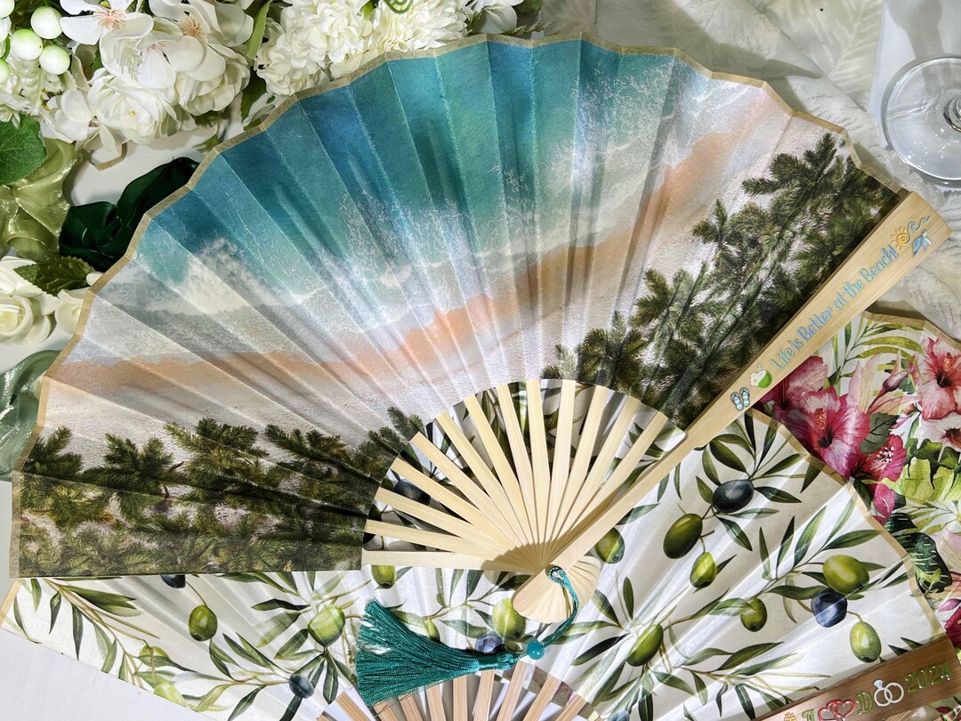Custom Beach Hand Fans & Bags Set Personalized Fabric Palm Tree Fans ...