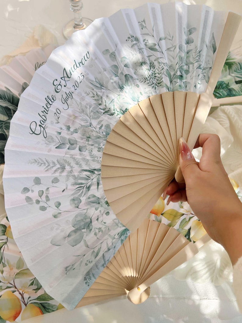Personalized Wedding Fans Custom Folding Hand Fans Sage Green Floral ...