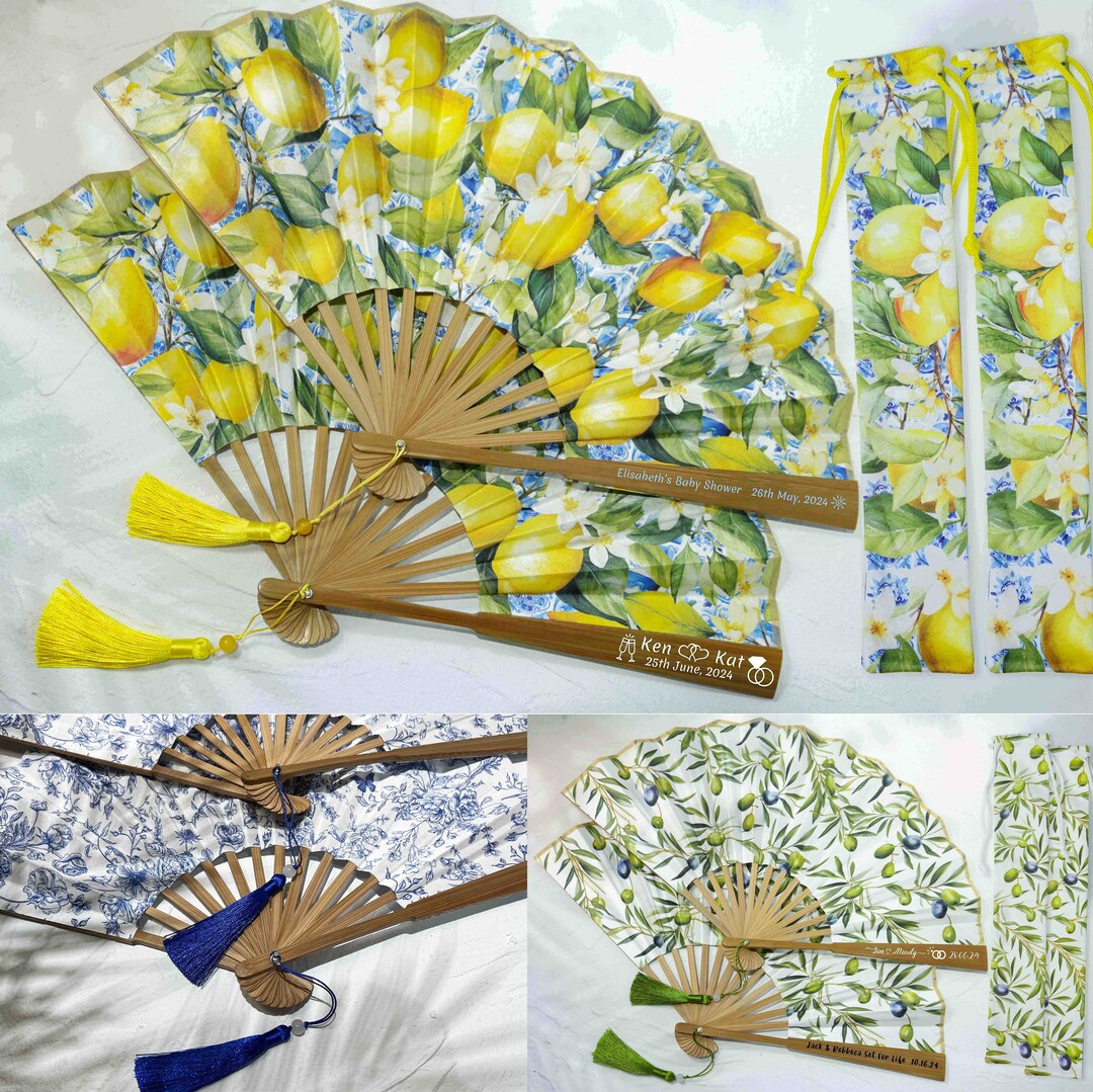 Personalized Custom Hand Fan + Bag + Tassel Set Wedding Party Favors ...