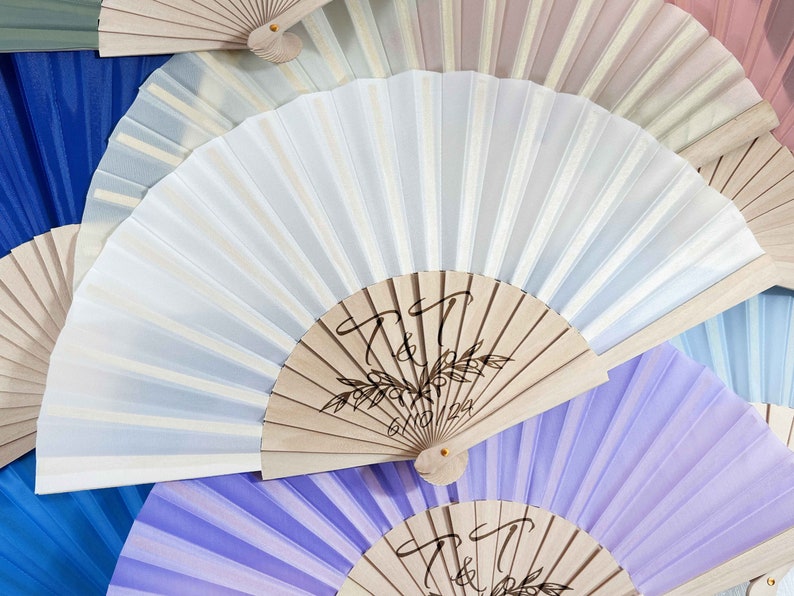 Personalized Engraved Wedding Hand Fans Custom Wooden Cloth Fabric Fans ...