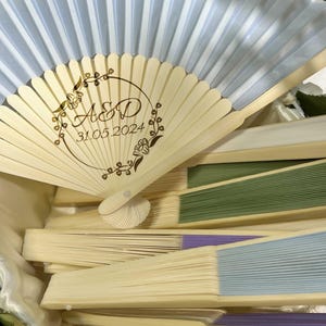 Personalized Wedding Sage Green Hand Fan Custom Engraved Folding White ...