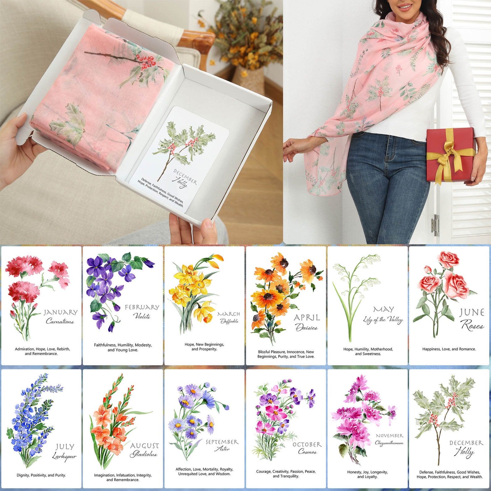 Birth Flower Scarf Birthday Gifts Women Birth Month Flower Daisy Scarf ...