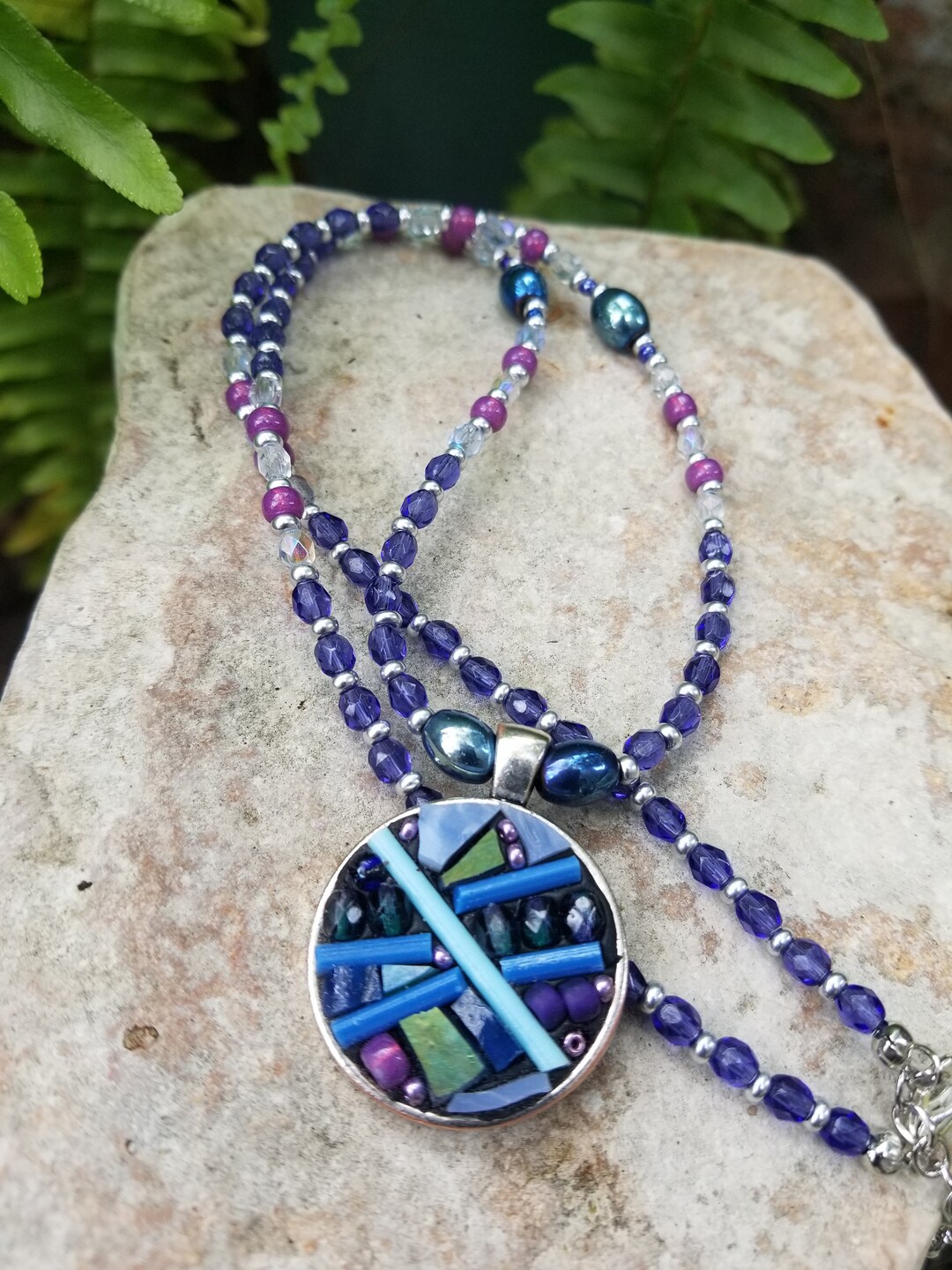 Mosaic Style Unique Necklace With Glass Beads and Filati in Deep Purple ...