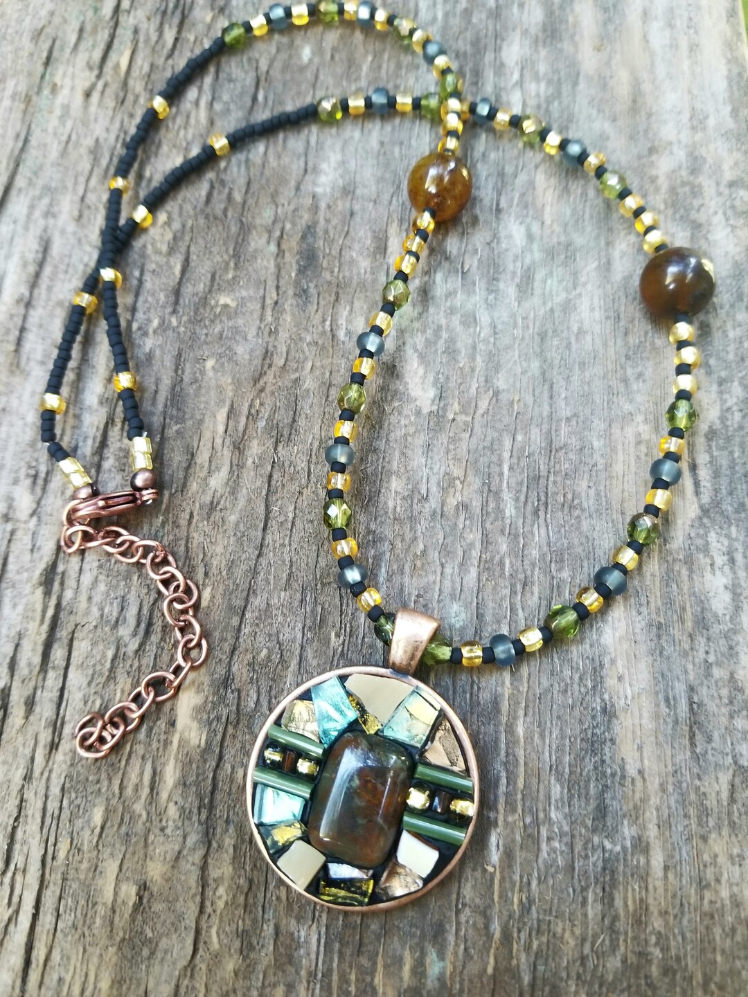 Stained Glass Mosaic Necklace: Agate Centerpiece, Boho Chic Wearable ...