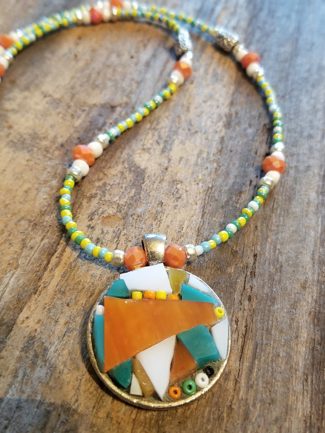 Stained Glass Mosaic Necklace, Aqua Orange White, Wearable Art - Etsy