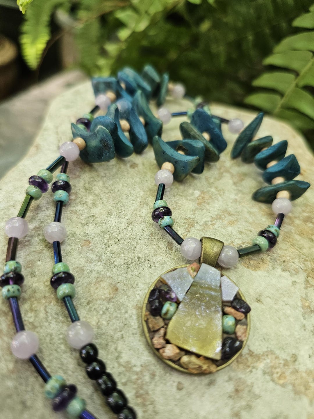 Round Mosaic Pendant W/ Tan/purple Stained Glass, Amethyst Nuggets ...
