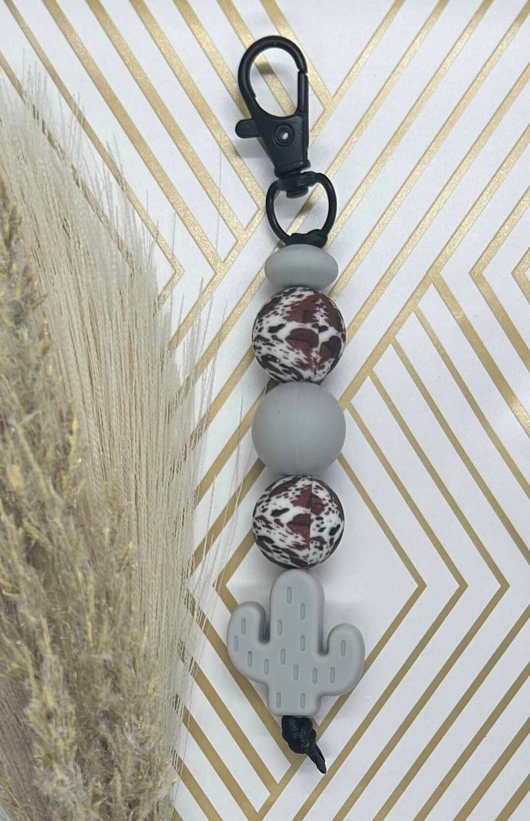 Cactus, Cow Print and Grey Beaded Keychain - Etsy
