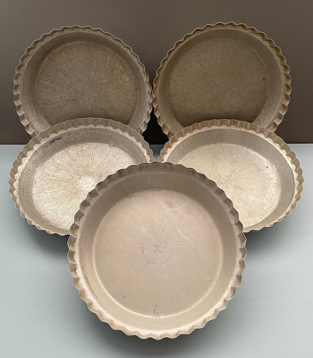 Set of 5 Vintage Primitive Pie Plates - Scalloped Distressed Aluminum ...