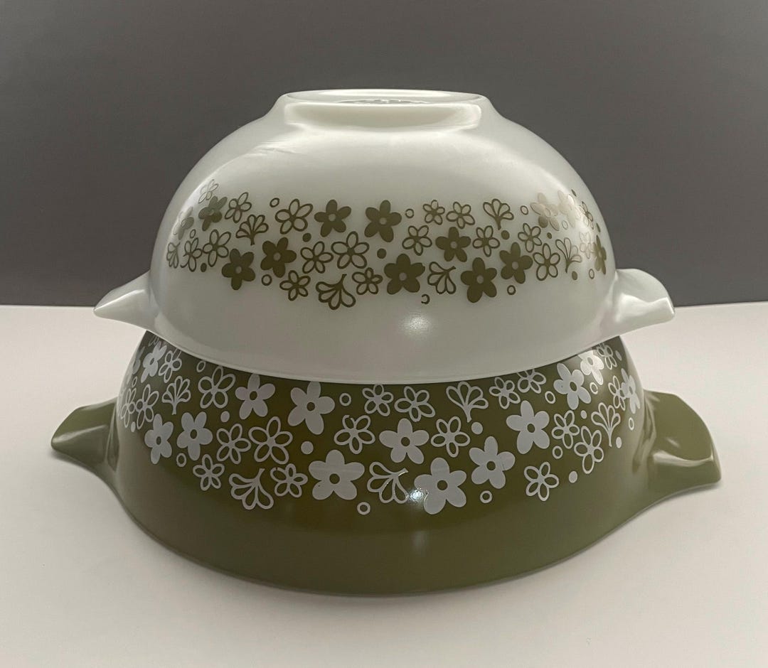 Vintage Pyrex Spring Blossom Cinderella Bowls: 1970s Green & White ...