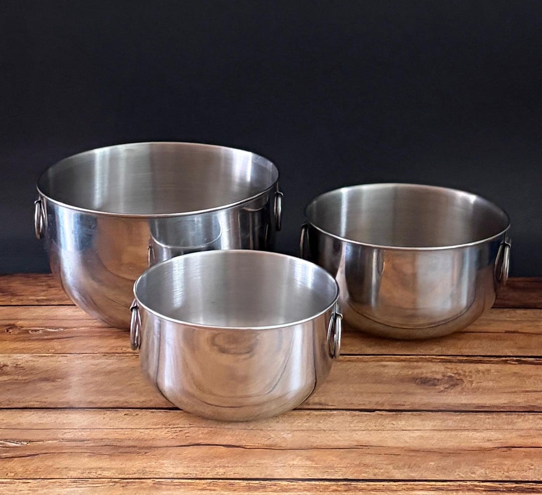 3 Vintage Stainless Steel Double Thumb Ring Mixing Bowls - Nesting Bowl ...