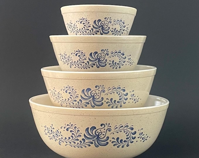 4 Vintage Pyrex Homestead Mixing Bowls Full Set of 4 Pyrex Blue Scroll ...
