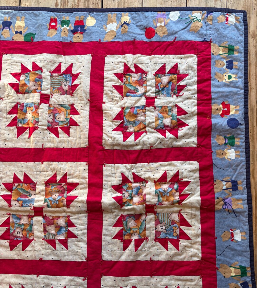 Vintage Teddy Bear Quilt Kid / Baby Blanket - Patchwork Front Solid off ...