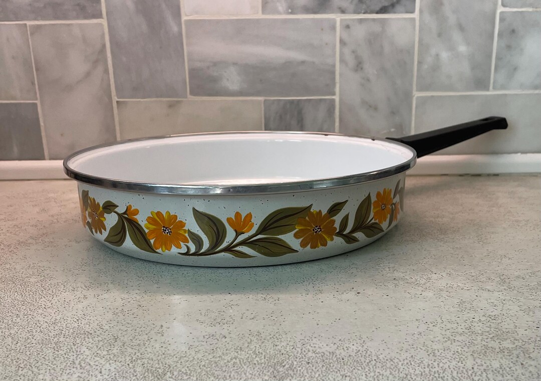 Vintage JMP Spain Capri Skillet 2 Quart Orange Flower Print Enameled ...