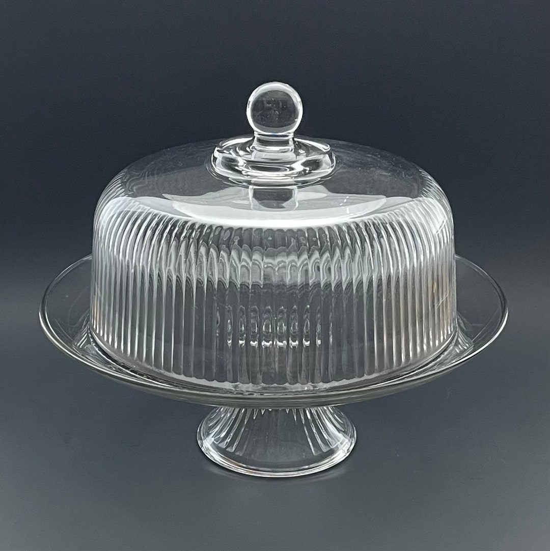 Vintage Cake Stand Anchor Hocking Monaco Domed Ribbed Clear Glass ...