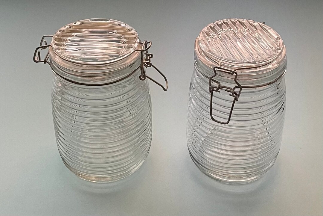 Set of 2 Ribbed Bale Wire Jars Large Vintage Clear Glass Storage Jars ...