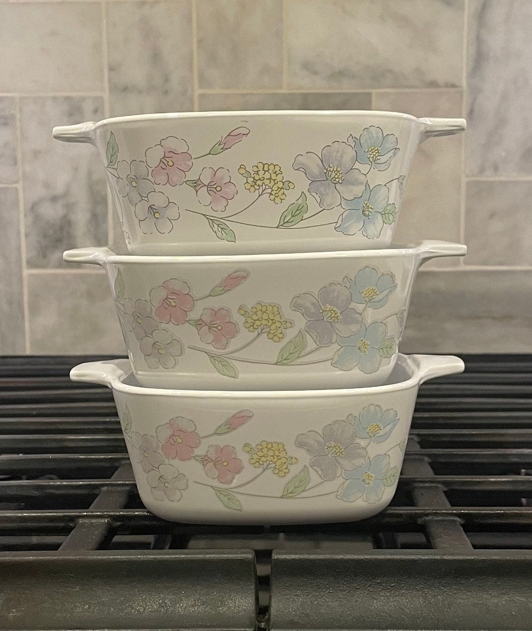 3 Pc Gift Set Vintage Corning Ware Pastel Bouquet Mini Casserole Baking ...