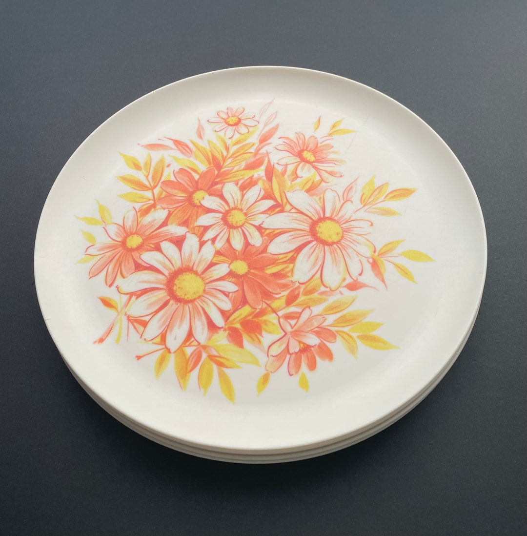 6 Vintage Daisy Plates Melamine Plates With White Yellow and Orange ...