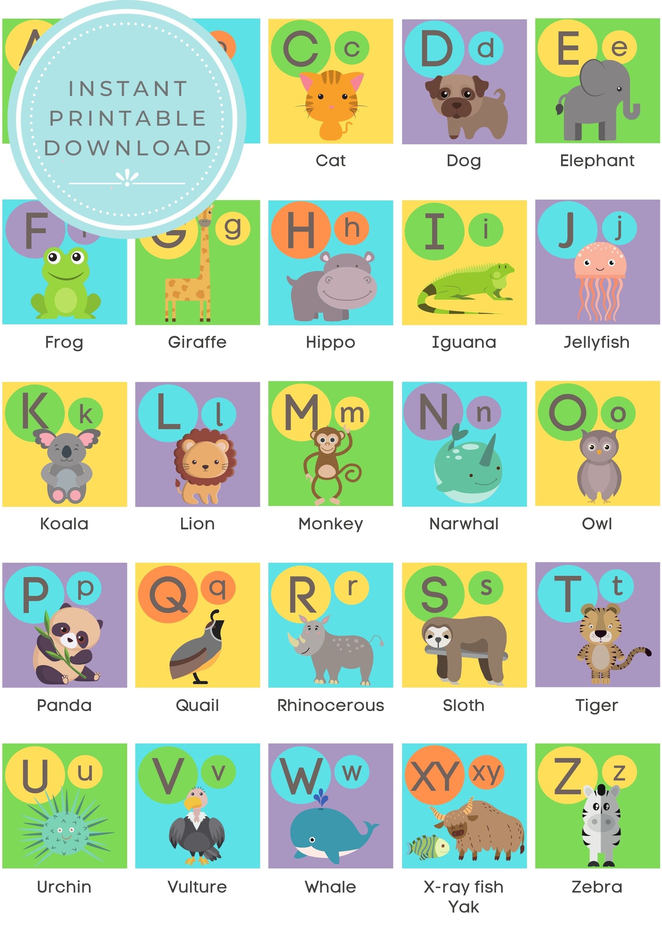 Alphabet Animal Print with words ABC Chart Instant Digital | Etsy