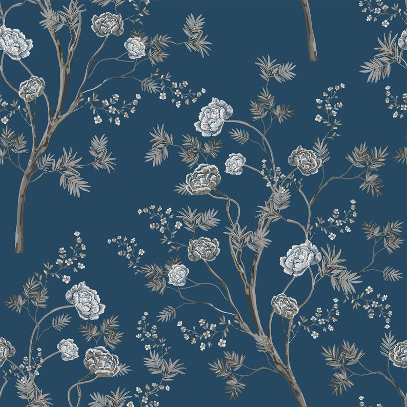 Blue Flower Peel and Stick Removable Wallpaper 3714 - Etsy