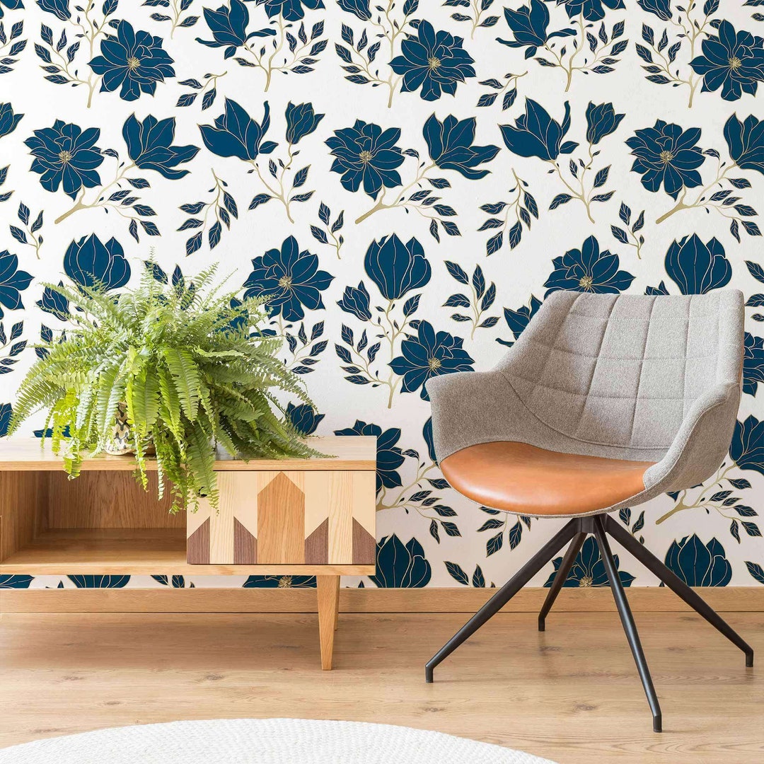Blue Flower Peel and Stick Removable Wallpaper 5026 - Etsy