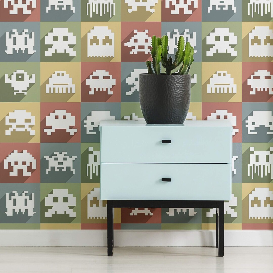 Green Space Invaders Peel and Stick Removable Wallpaper 8542 - Etsy