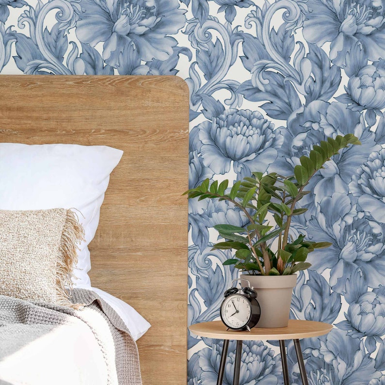 Blue Flower Peel and Stick Removable Wallpaper 6295 - Etsy