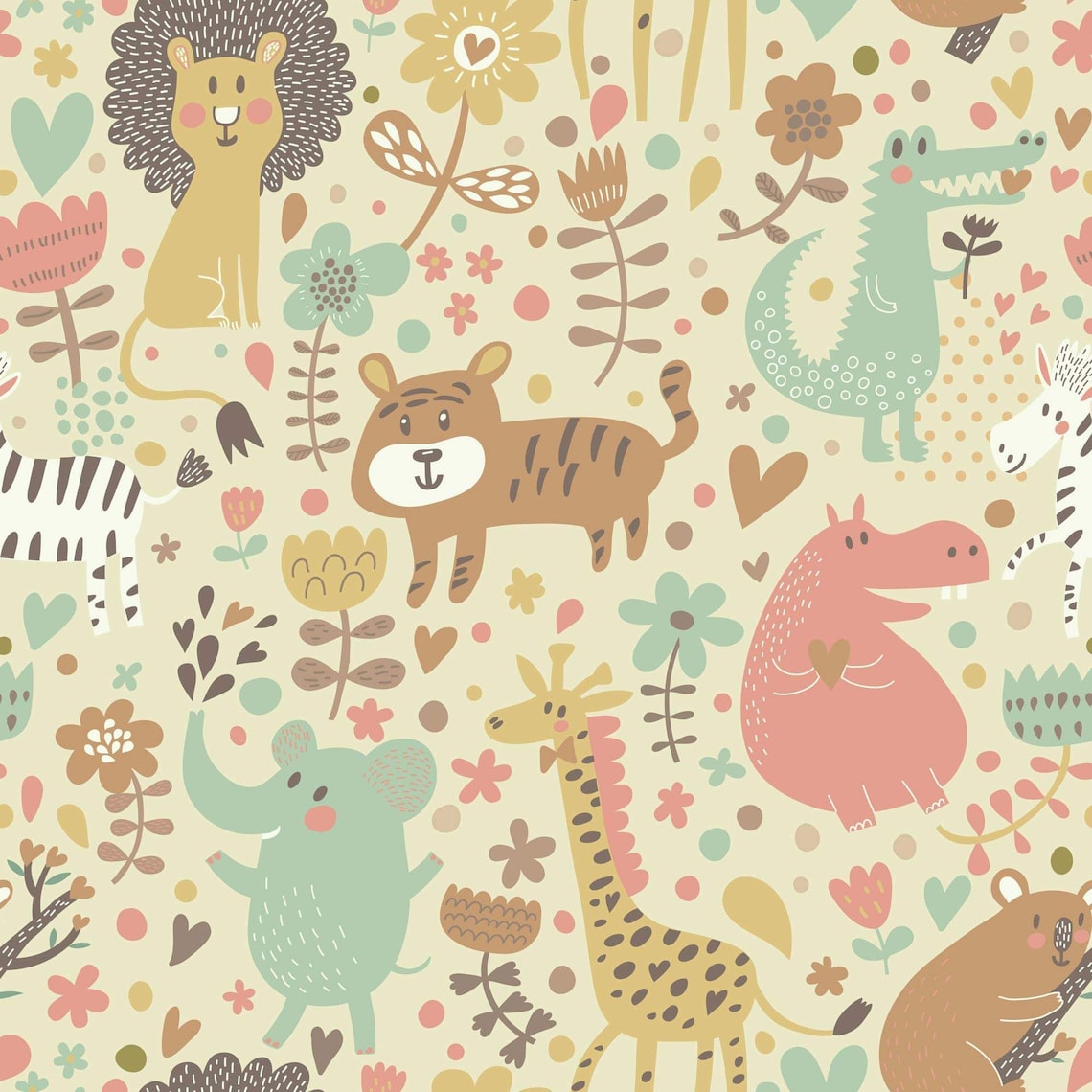 Beige Animals Peel and Stick Removable Wallpaper 9359 | Etsy