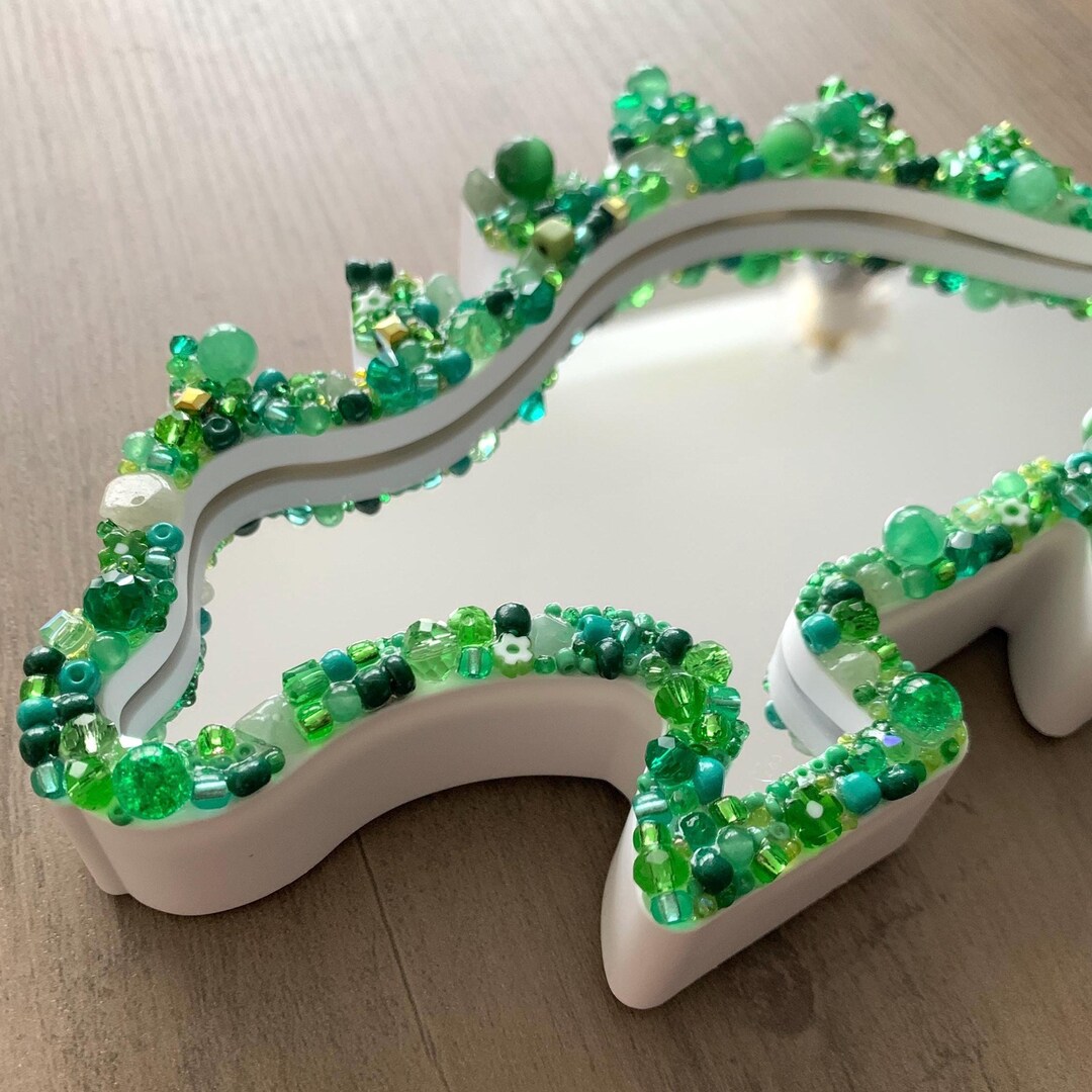 Green Beaded Tabletop Stegosaurus Mirror, Mixed Bead and Charm Adorned ...