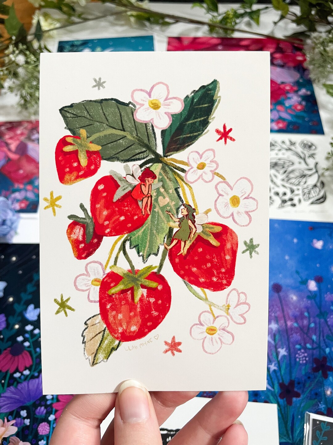 Mini Art Print "strawberry Fairies" 4"x6" Fairy Cute Nature Strawberry ...