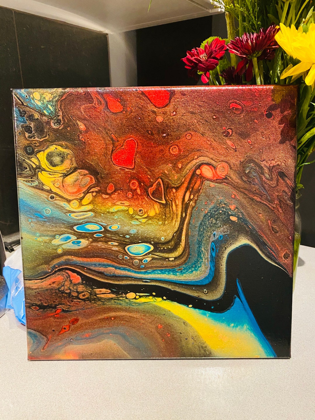 Red, Yellow and Turquoise — Original Acrylic 12x12 - Etsy