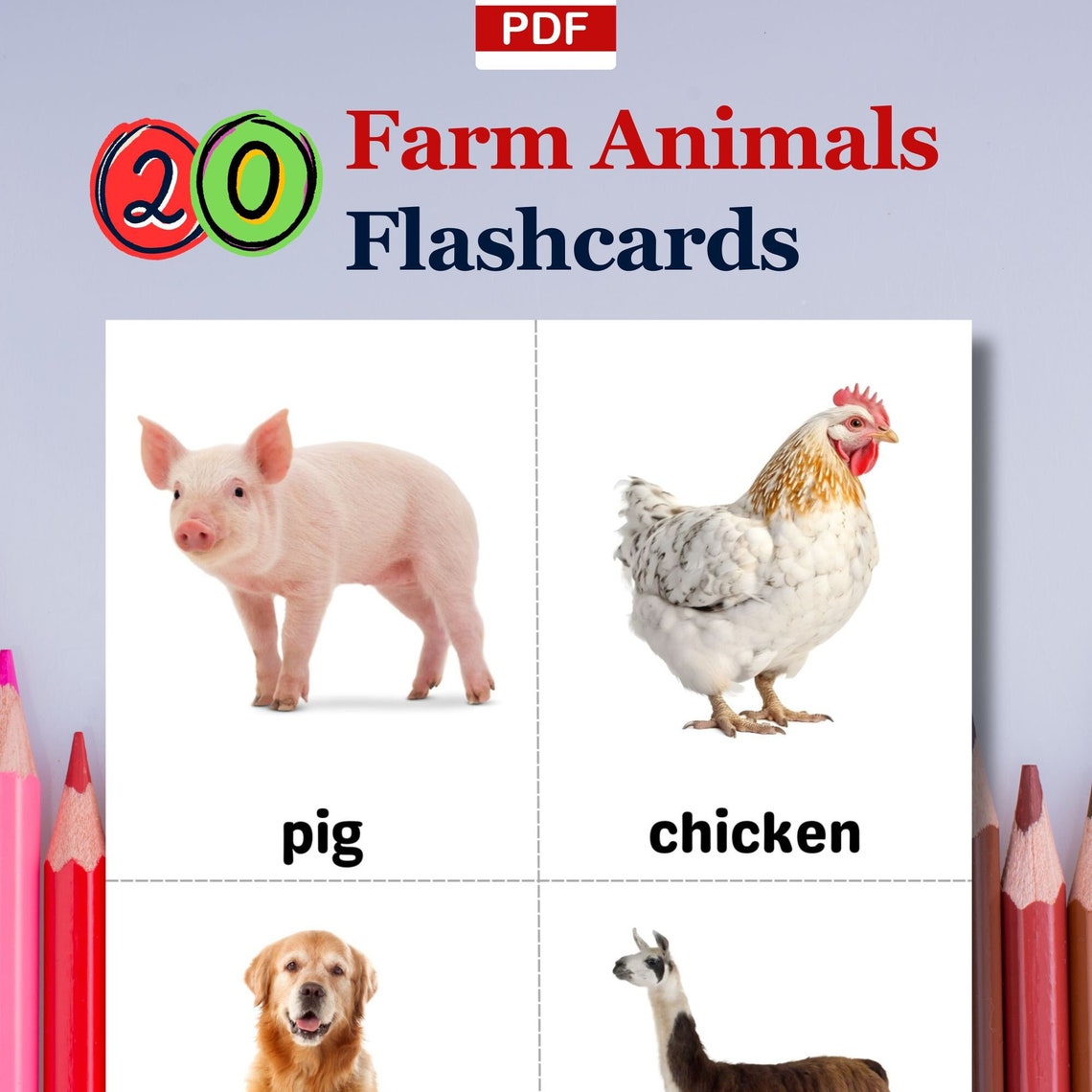 20 Farm Animals Flashcards | Printable Montessori Cards | Matching Card ...