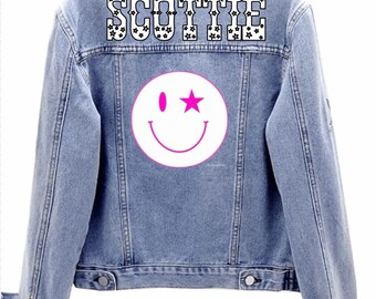 Smiley Face Denim Jacket Embroidery Design Front and Back Smile Face ...