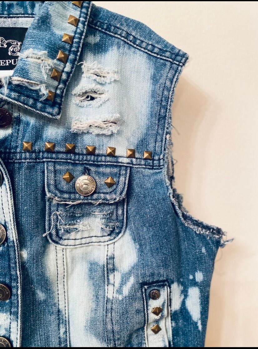 Bleached Studded Denim Vest | Etsy