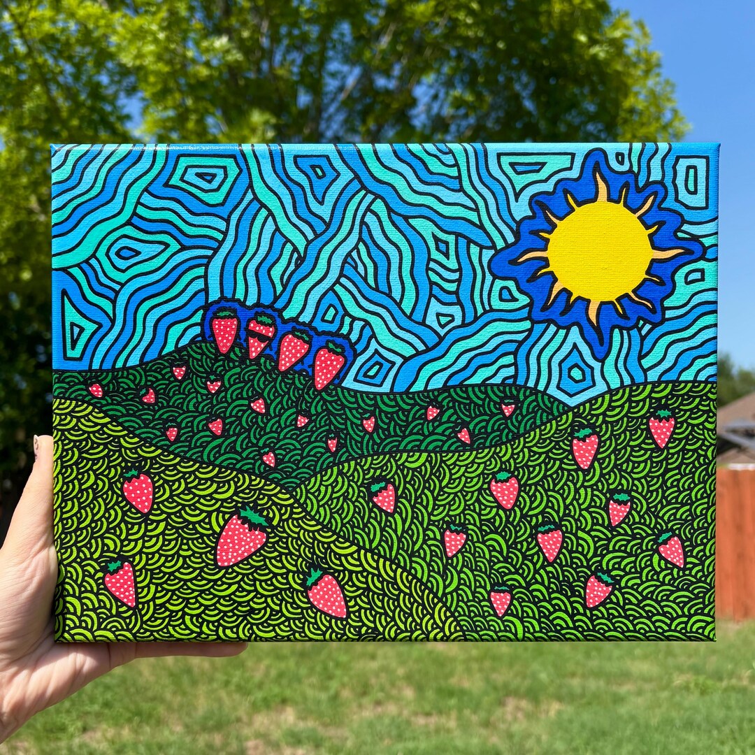 Strawberry Fields 9x12" Trippy Painting - Etsy
