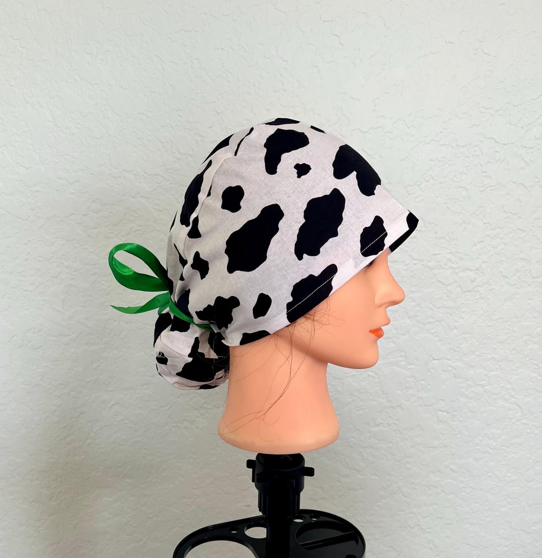 Cow Print Scrub Ponytail Cap | Kawaii Cotton Medical Scrub Caps ...