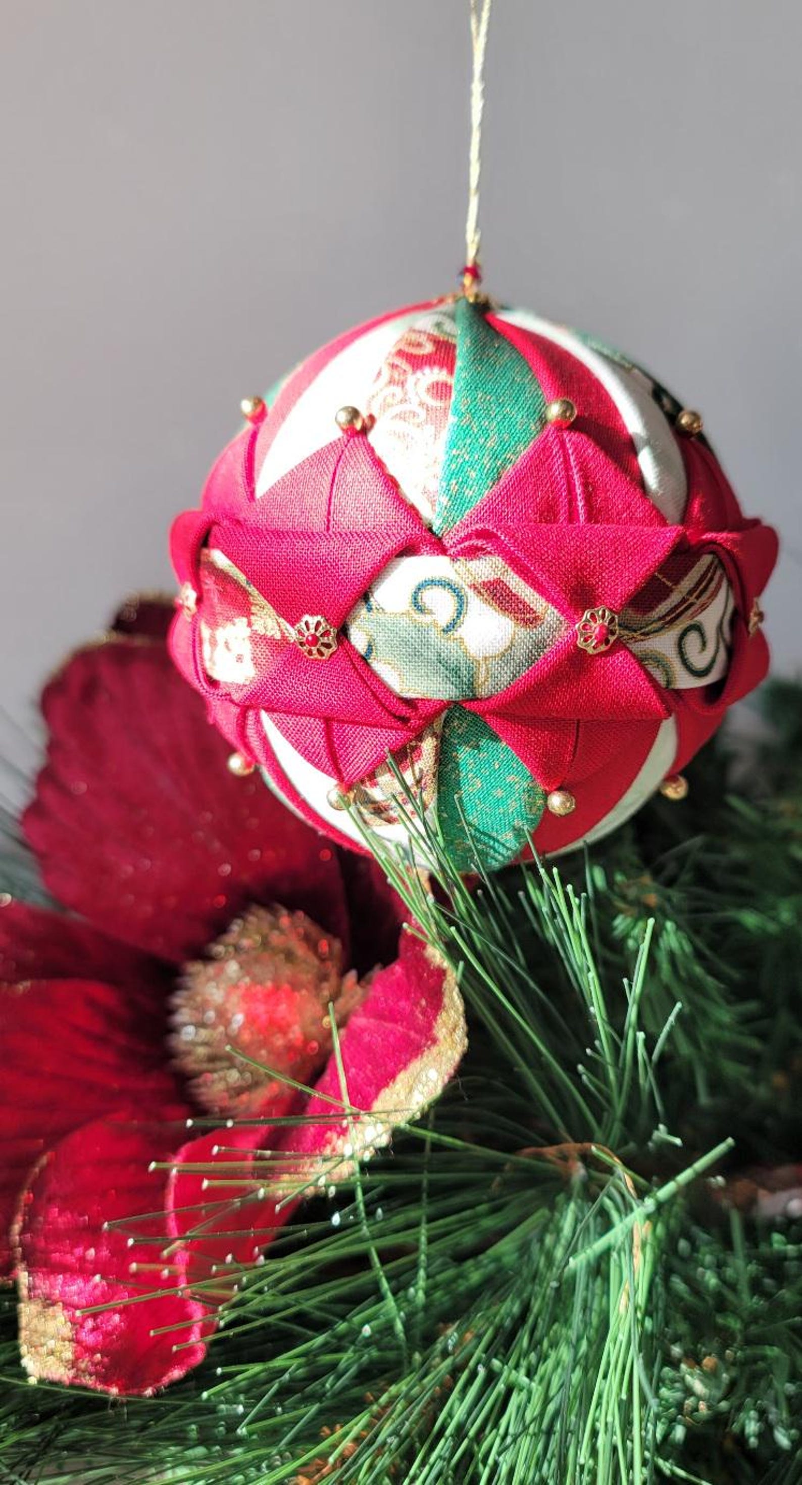 Victoria Fold Quilted Christmas Ornament: Red, Green, and Gold Holiday ...