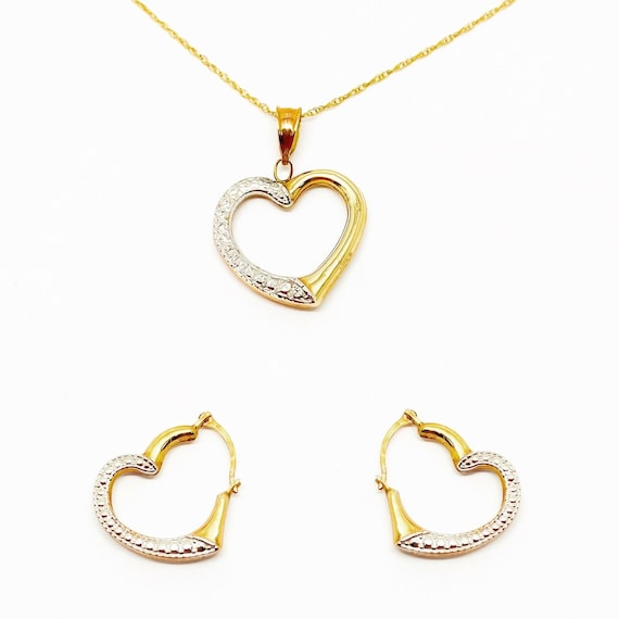 Genuine 9ct Yellow White Gold Heart Pendant And Earrings Set W 18 Inch Chain