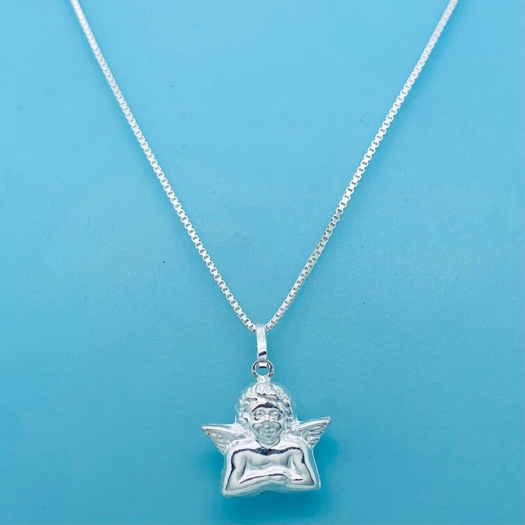 Genuine 925 Sterling Silver 16 Inch Box Chain With Cute Angel Cupid ...