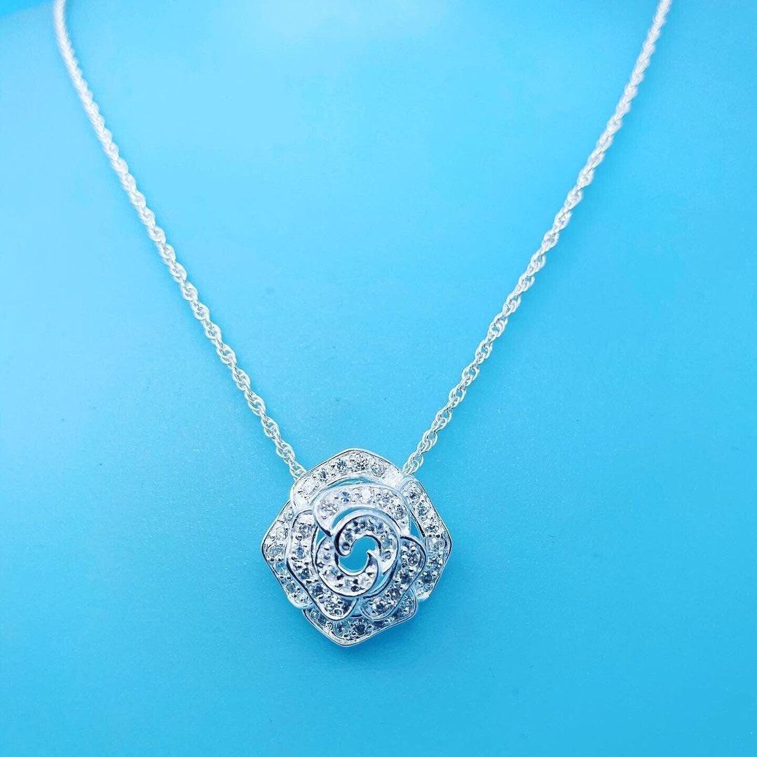 Genuine 925 Sterling Silver Thread Through Rose Pendant Set With ...