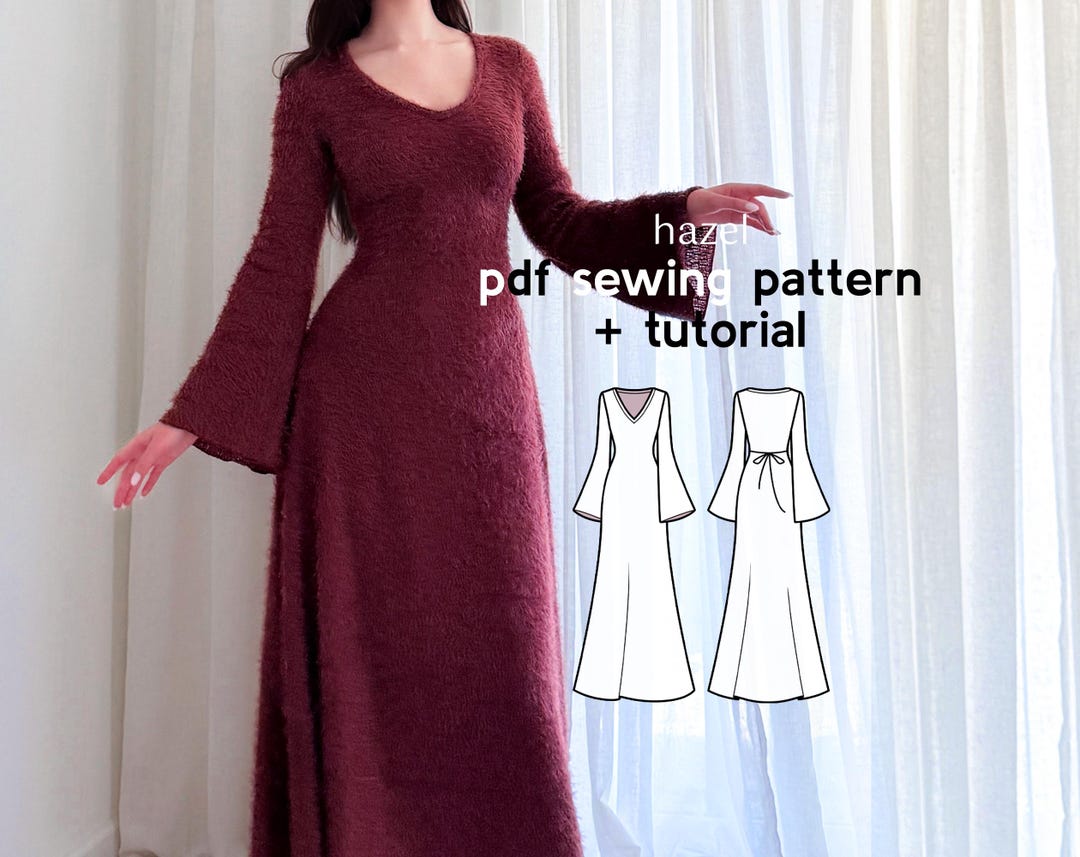 Midi Fit & Flare V-neck W/bell Sleeves Hazel Dress (PDF Sewing Pattern ...